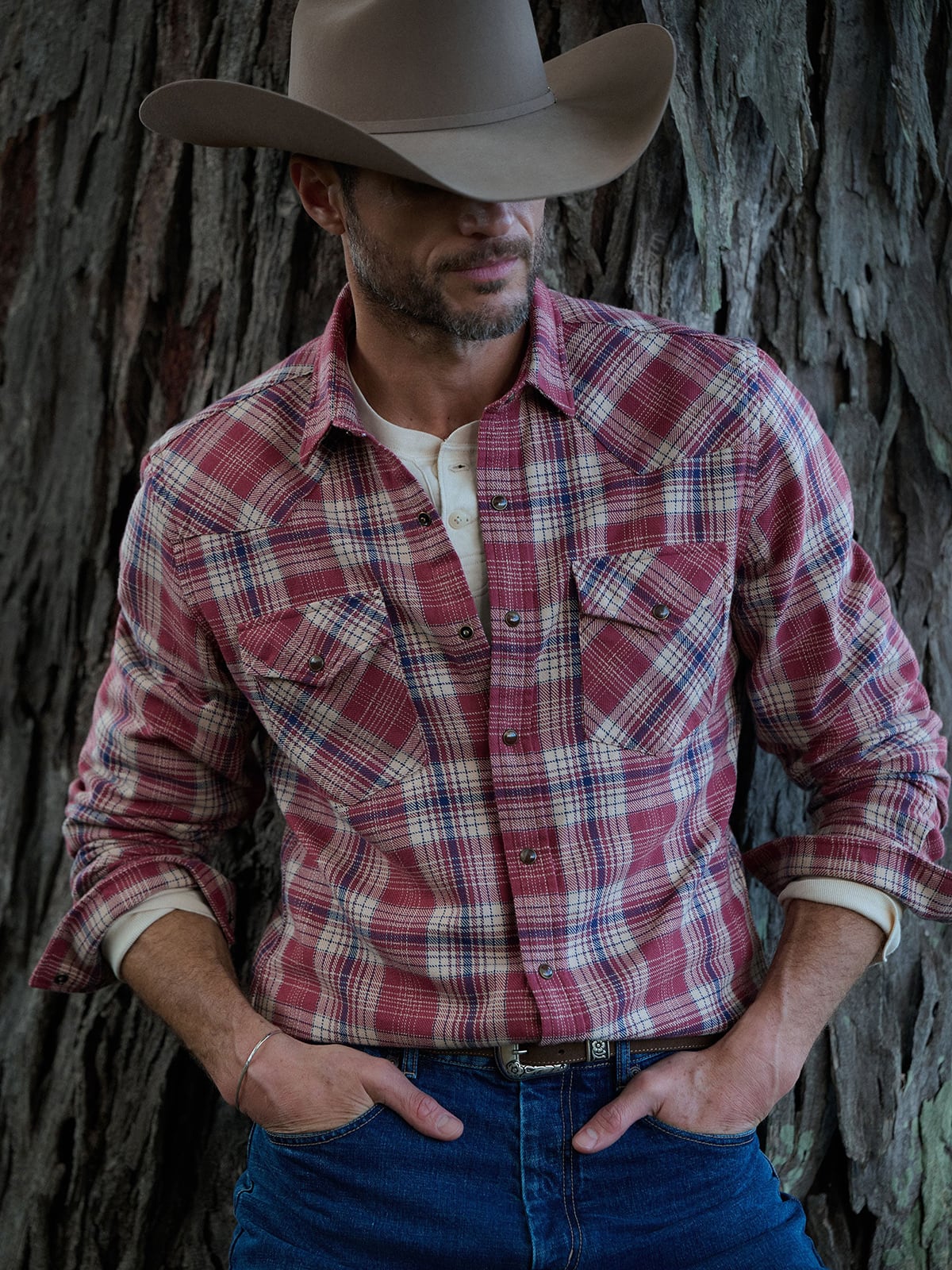 The Jackson Western Shirt in Red Navy and Beige