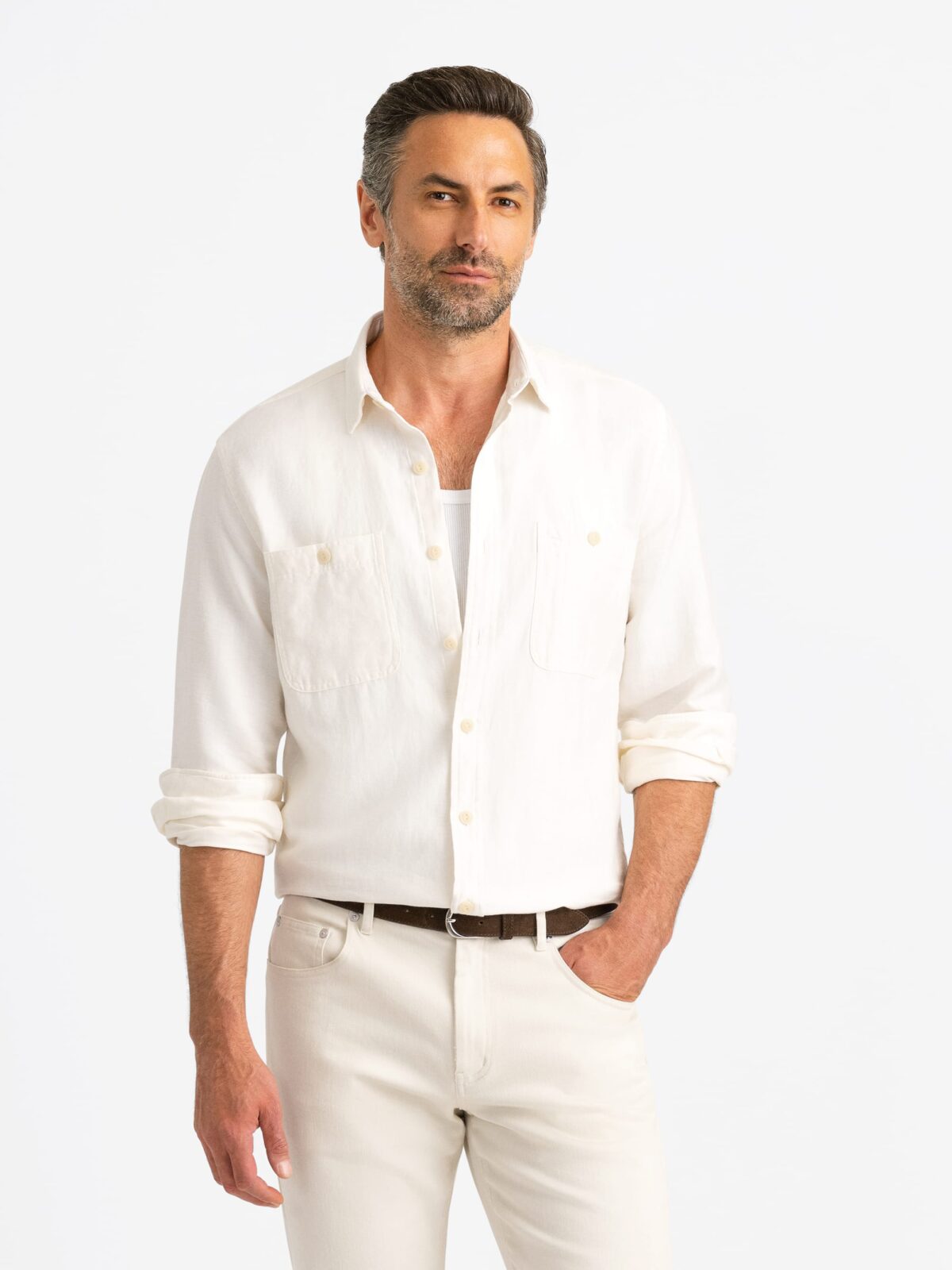 The Sunwashed Cotton Linen Utility Shirt in Cream