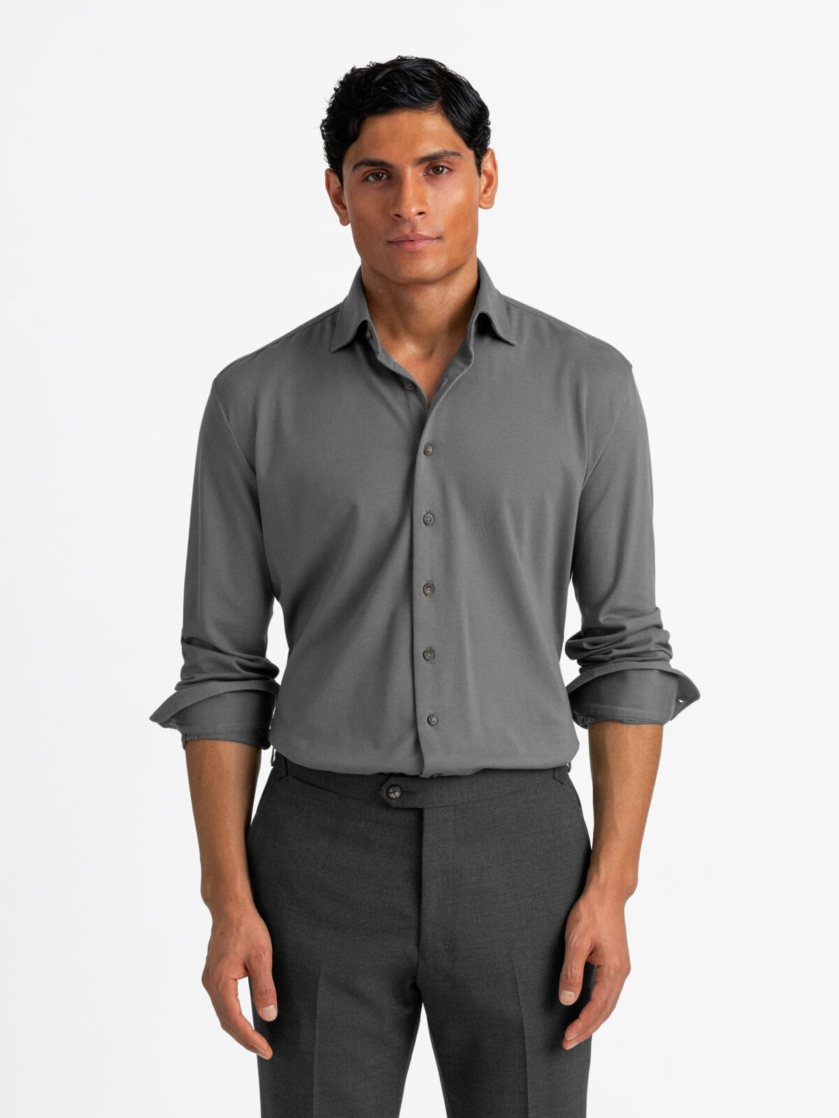 Sullivan Steel Grey Easy Care Stretch Knit Pique Shirt by Proper Cloth