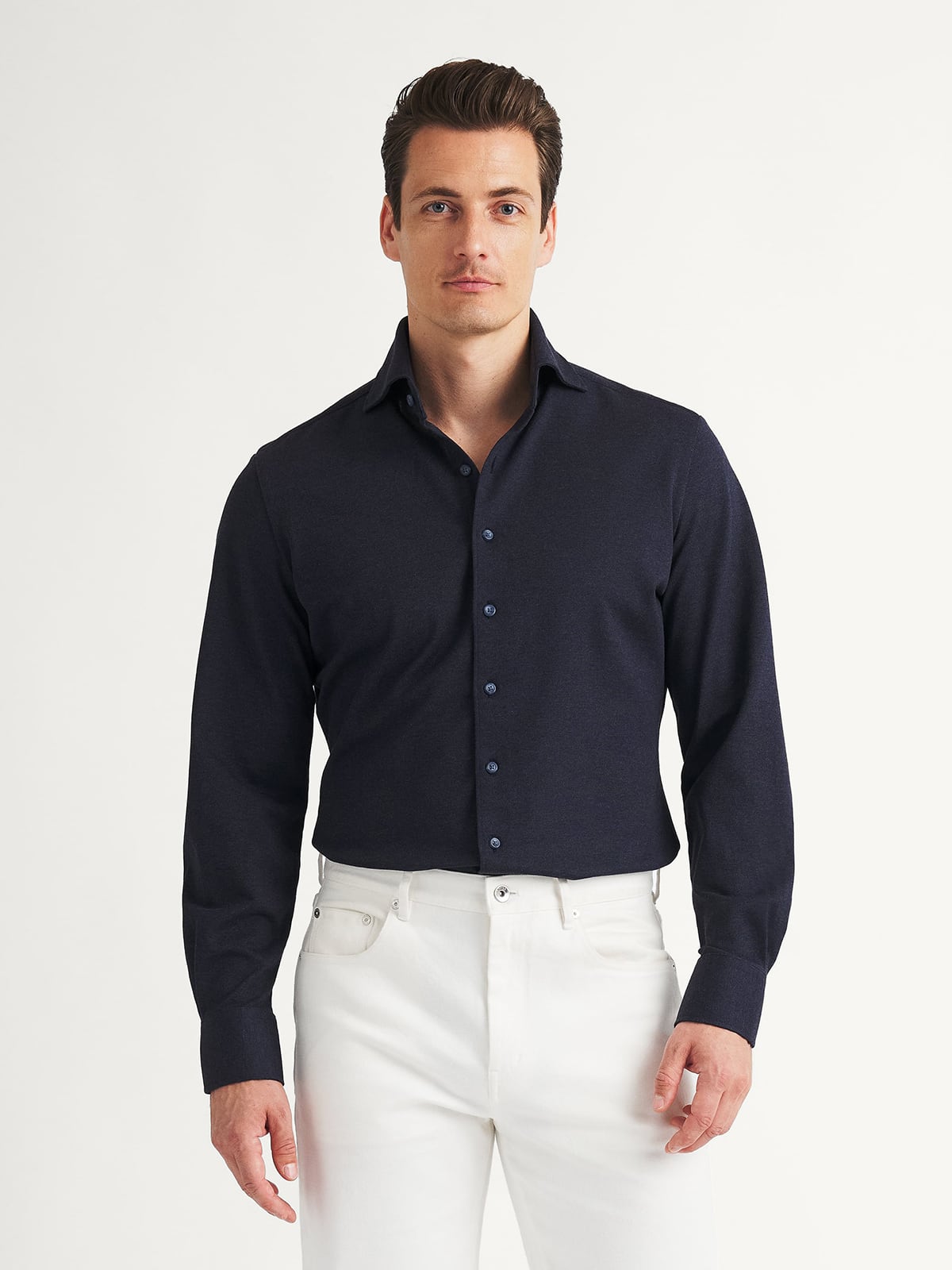 The Cutaway Collar Italian Knit Shirt in Navy Melange