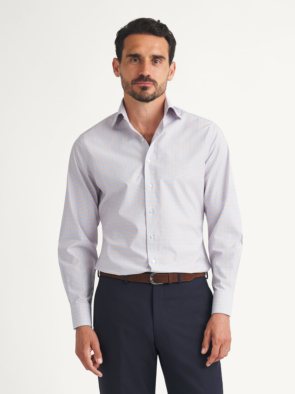 Thomas Mason Non-Iron Light Blue and Orange Multi Check Shirt by Proper ...
