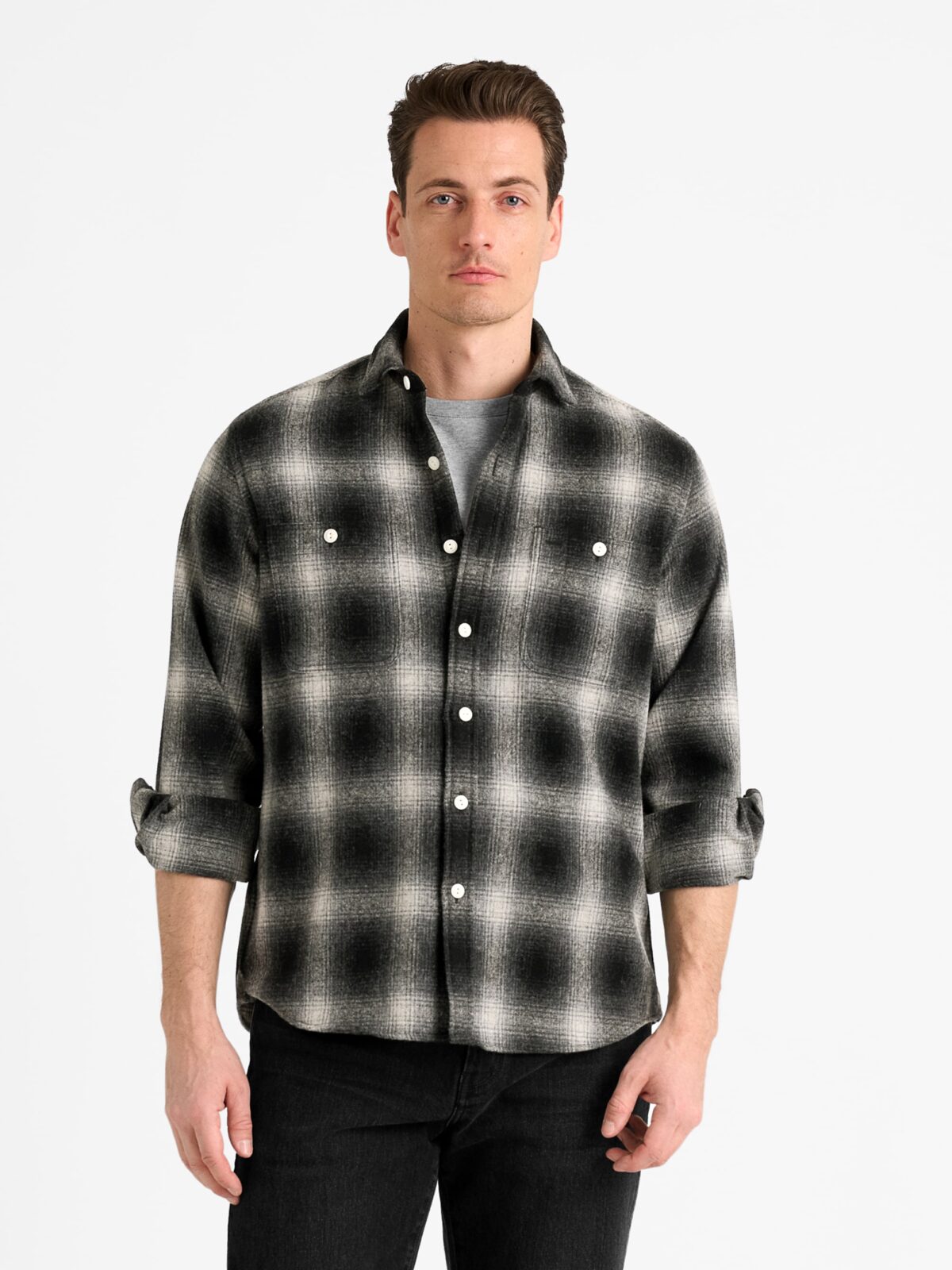 The Wool Flannel Workshirt in Grey Ombre Plaid