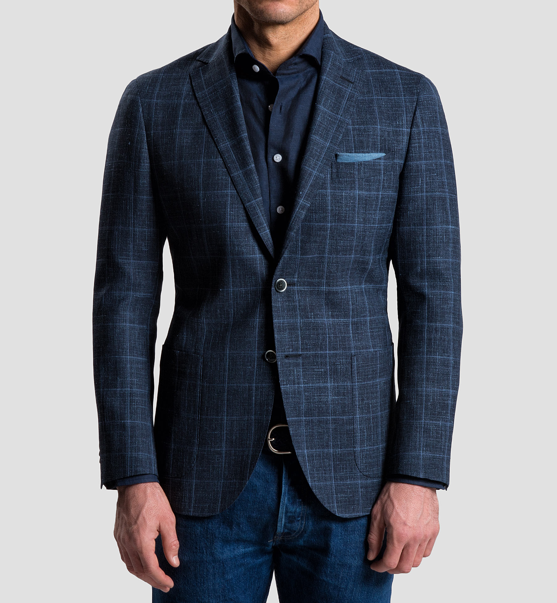 Navy Windowpane Slub Genova Jacket by Proper Cloth