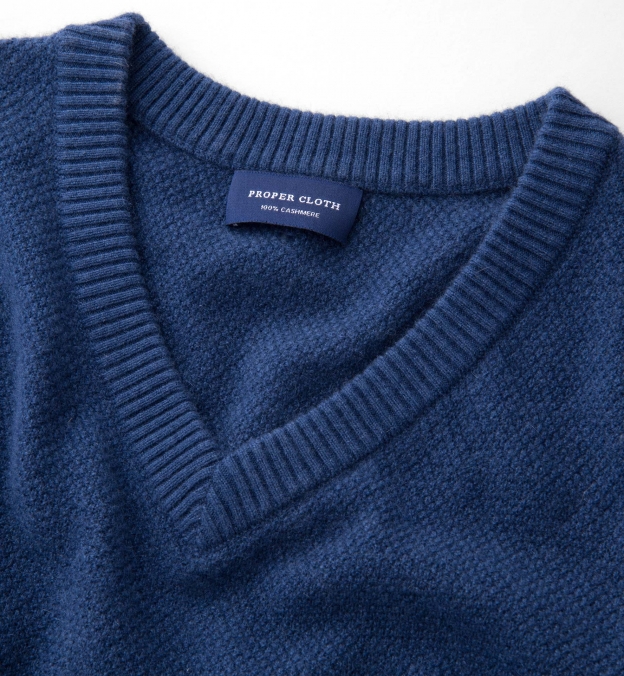 Ocean Blue Cobble Stitch Cashmere V-Neck Sweater by Proper Cloth