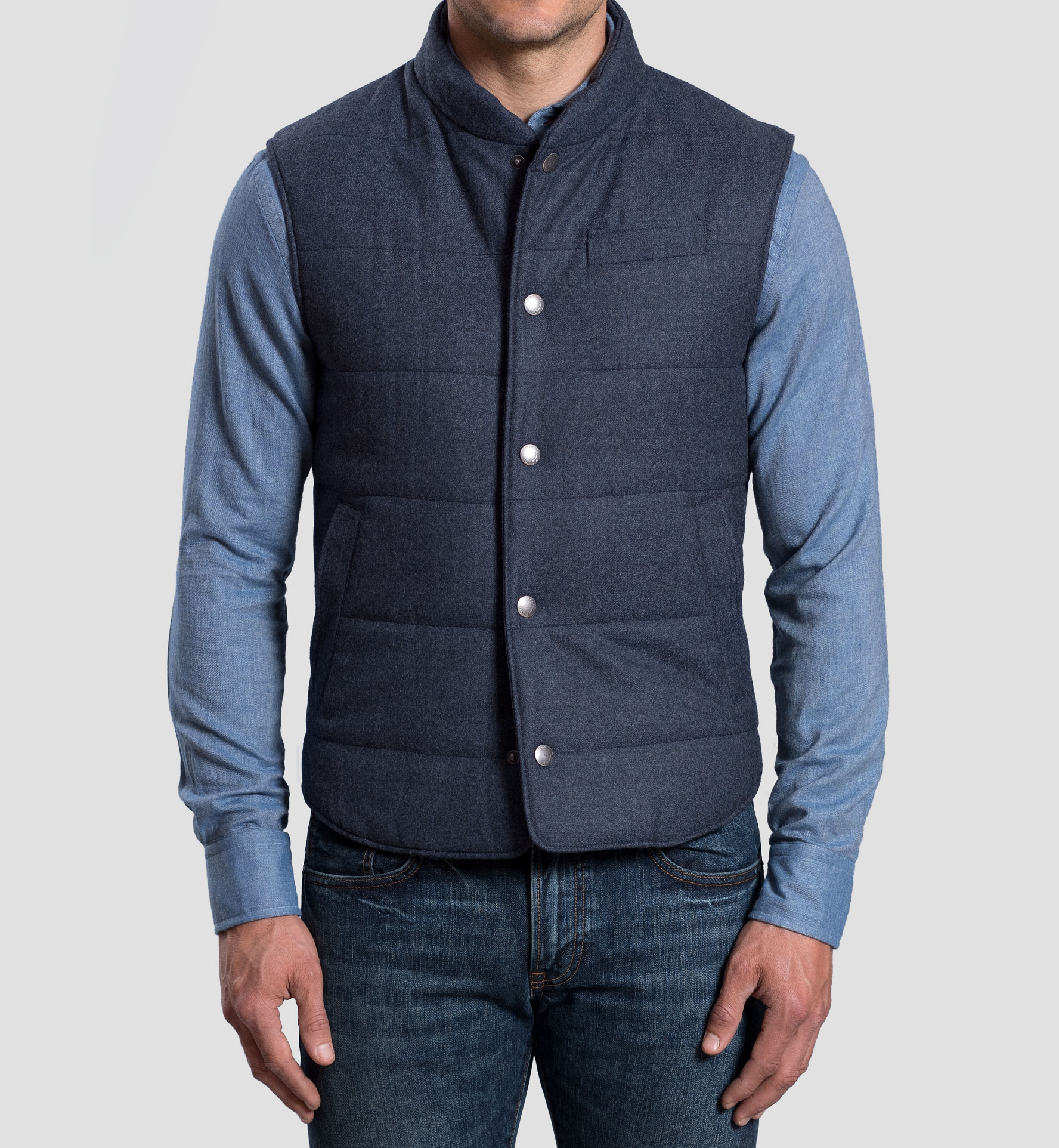 Cortina I Slate Blue Flannel Snap Vest by Proper Cloth