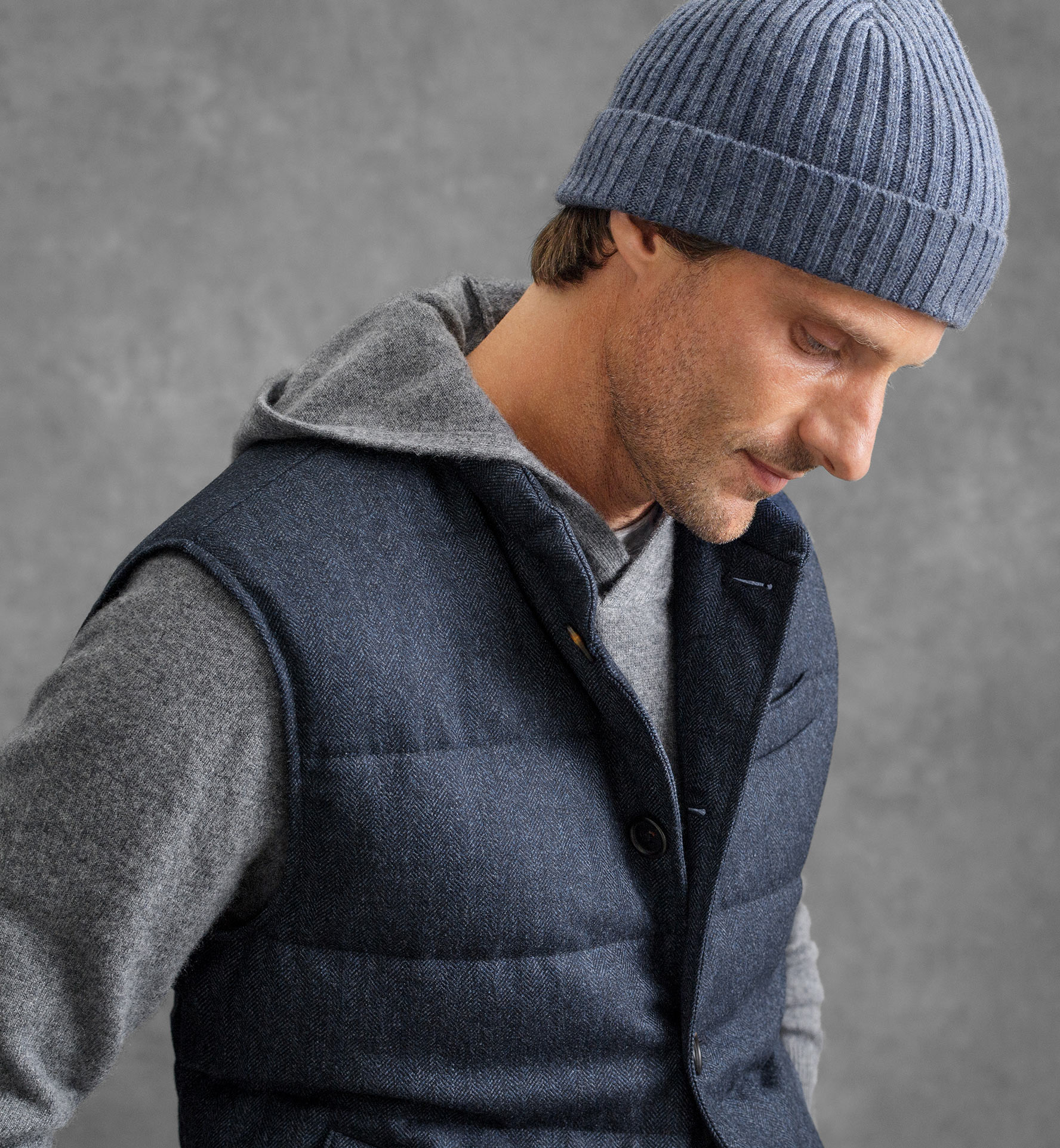 Cortina Navy Herringbone Button Vest by Proper Cloth