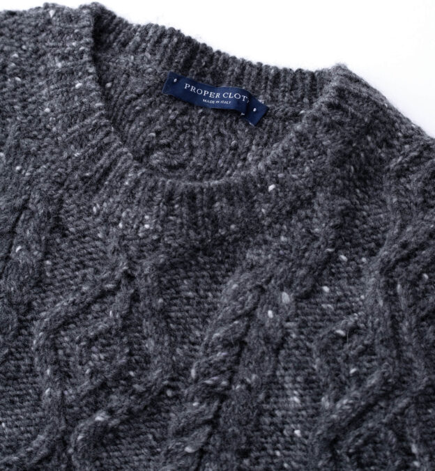 Charcoal Donegal Wool and Cashmere Aran Crewneck Sweater by Proper Cloth
