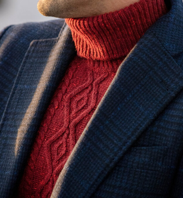 Red Donegal Wool and Cashmere Aran Rollneck Sweater by Proper Cloth