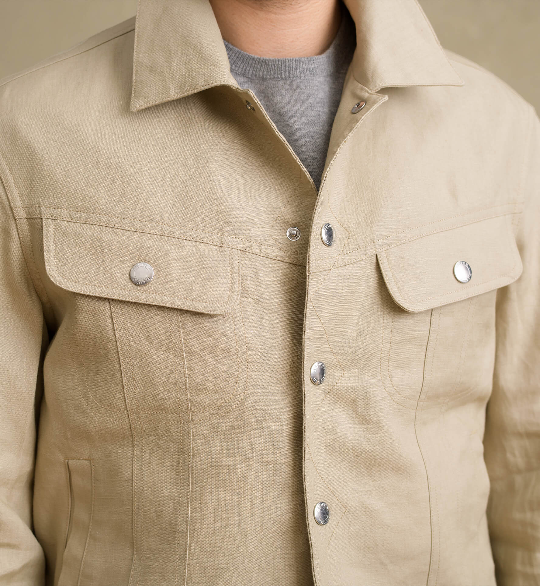 Sedona Beige Linen Unlined Trucker Jacket by Proper Cloth