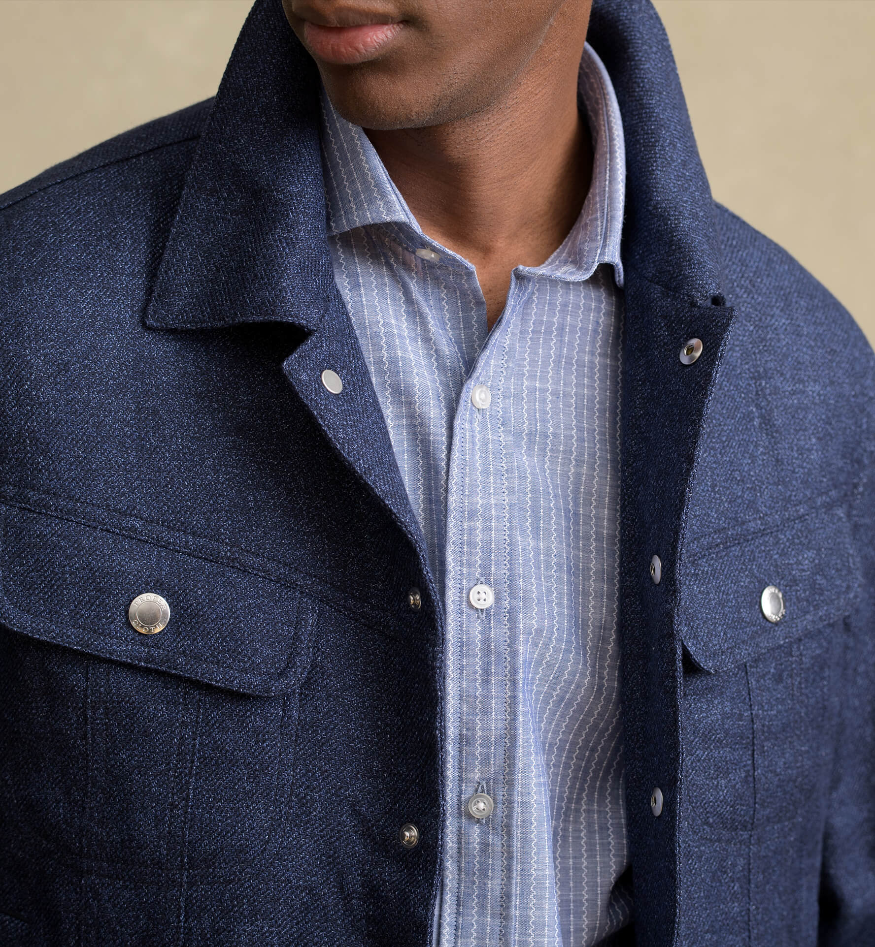 Sedona Navy Wool and Linen Unlined Trucker Jacket by Proper Cloth