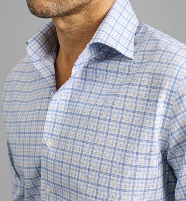 Thomas Mason Non-Iron Light Grey and Blue Multi Check by Proper Cloth