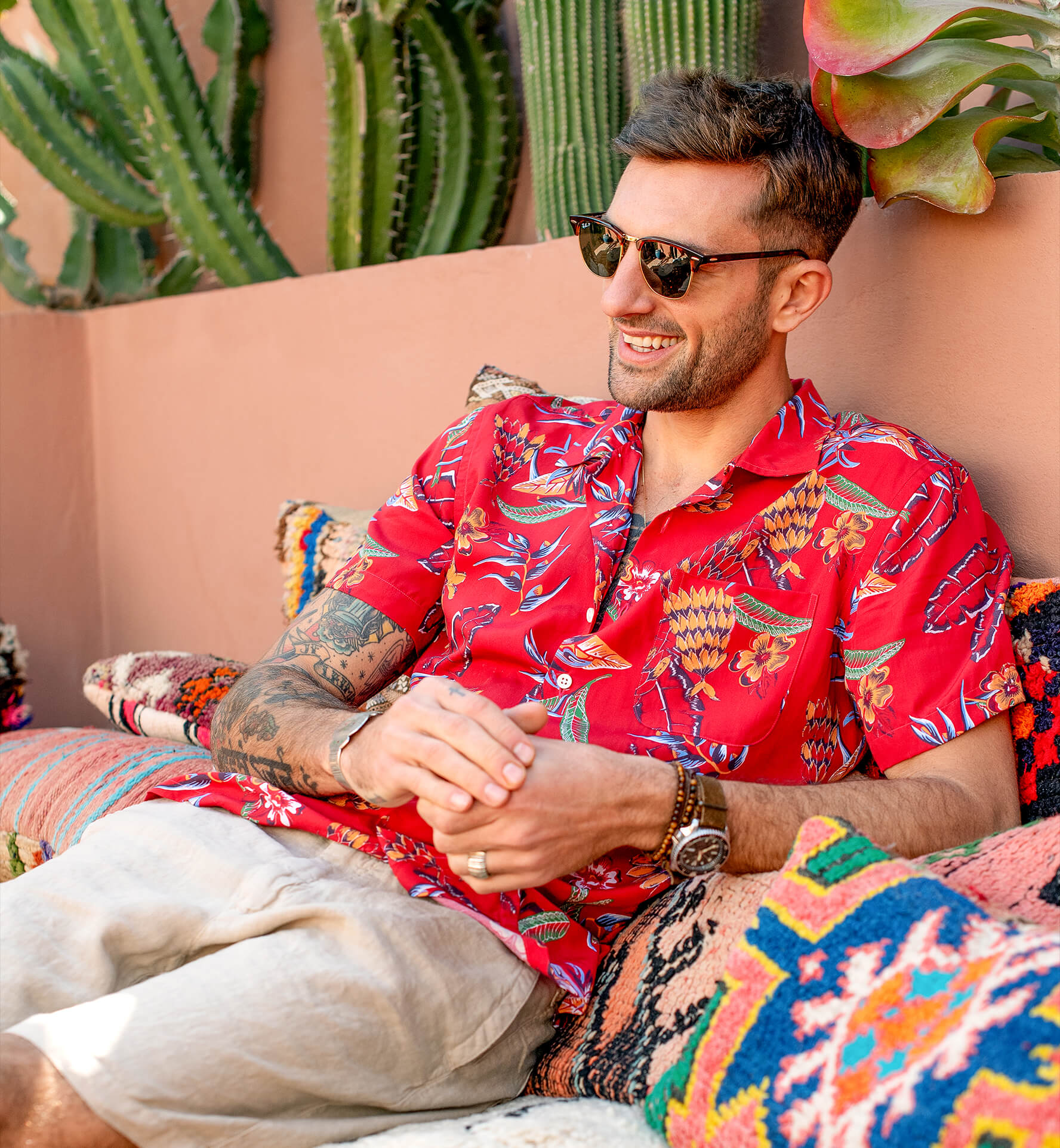 Albini Red Aloha Print Tencel Short Sleeve Shirtby Proper Cloth