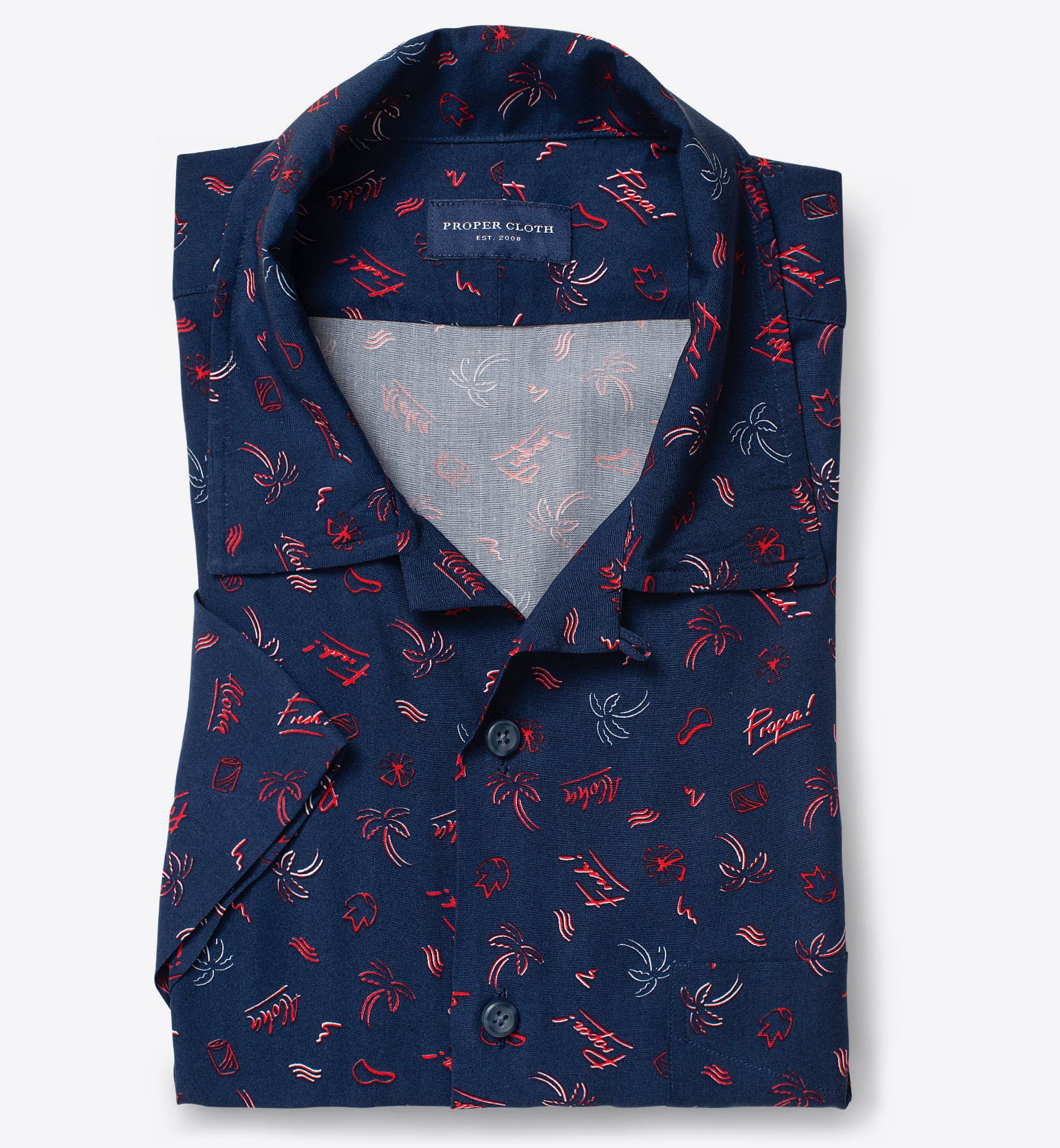 Albini Navy Tropical Critter Print Tencel Short Sleeve Shirtby Proper Cloth