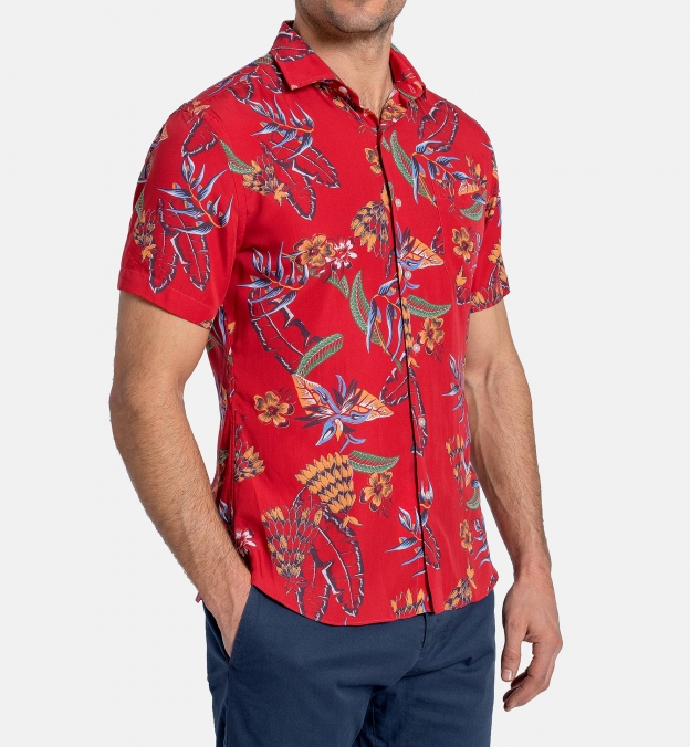 Albini Red Aloha Print Tencel Short Sleeve Shirtby Proper Cloth