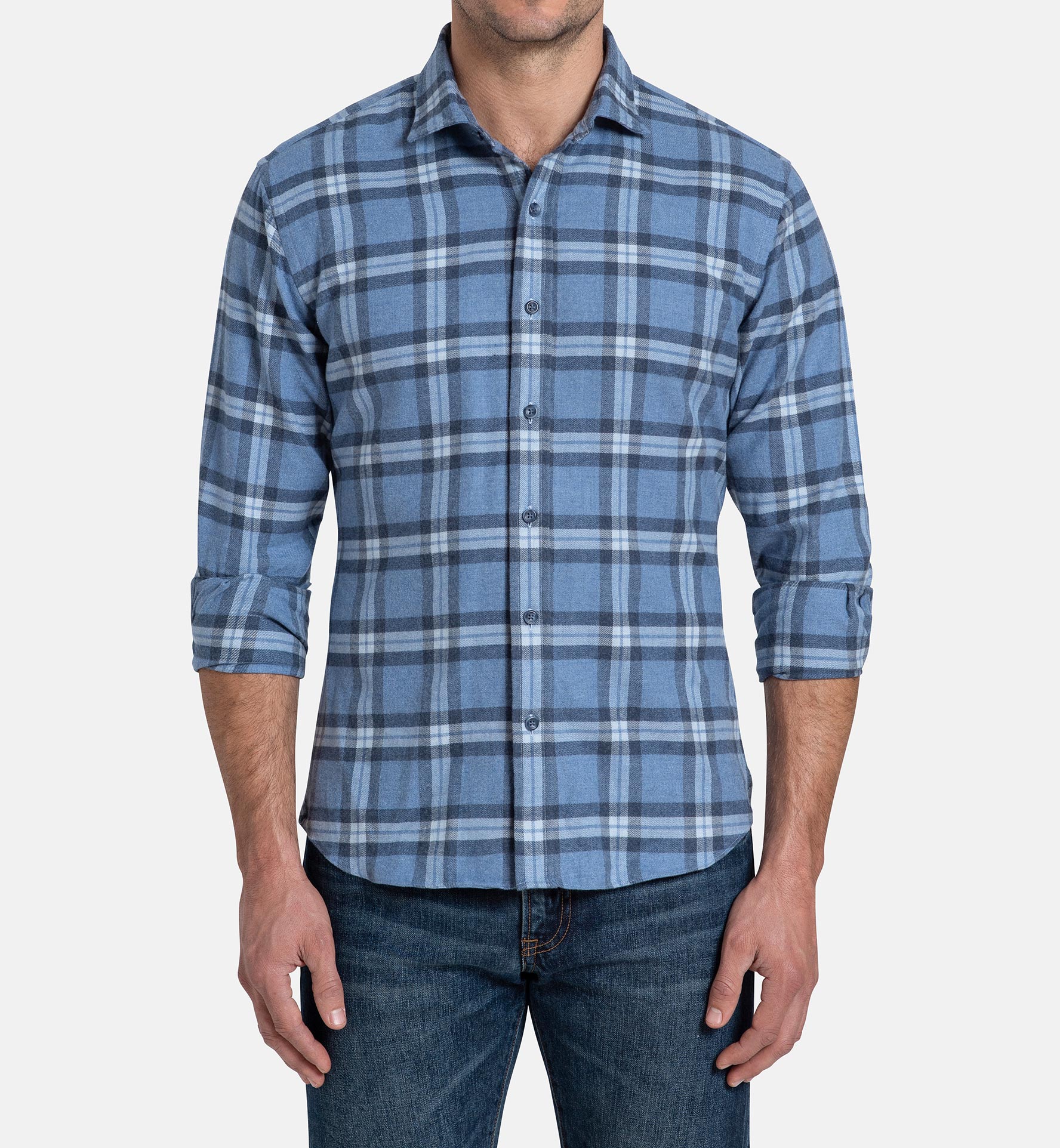 Canclini Blue Melange Tonal Plaid Beacon Flannel Fitted Shirt by Proper ...