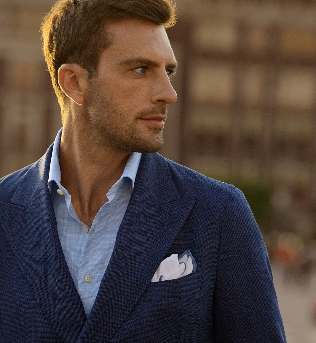 Non-Iron Stretch Light Blue Prince of Wales Check by Proper Cloth