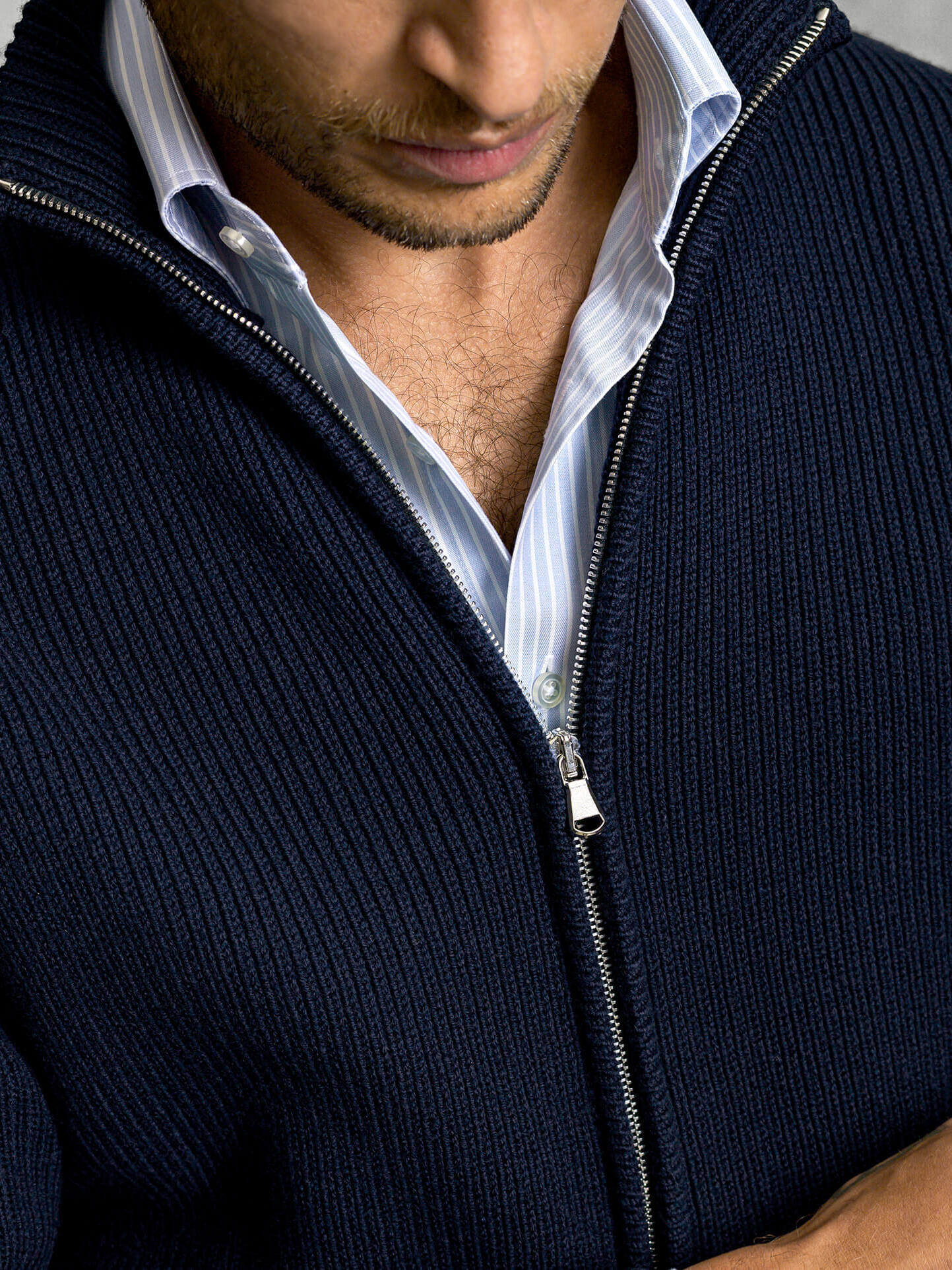 Navy Merino Full-Zip Sweater by Proper Cloth