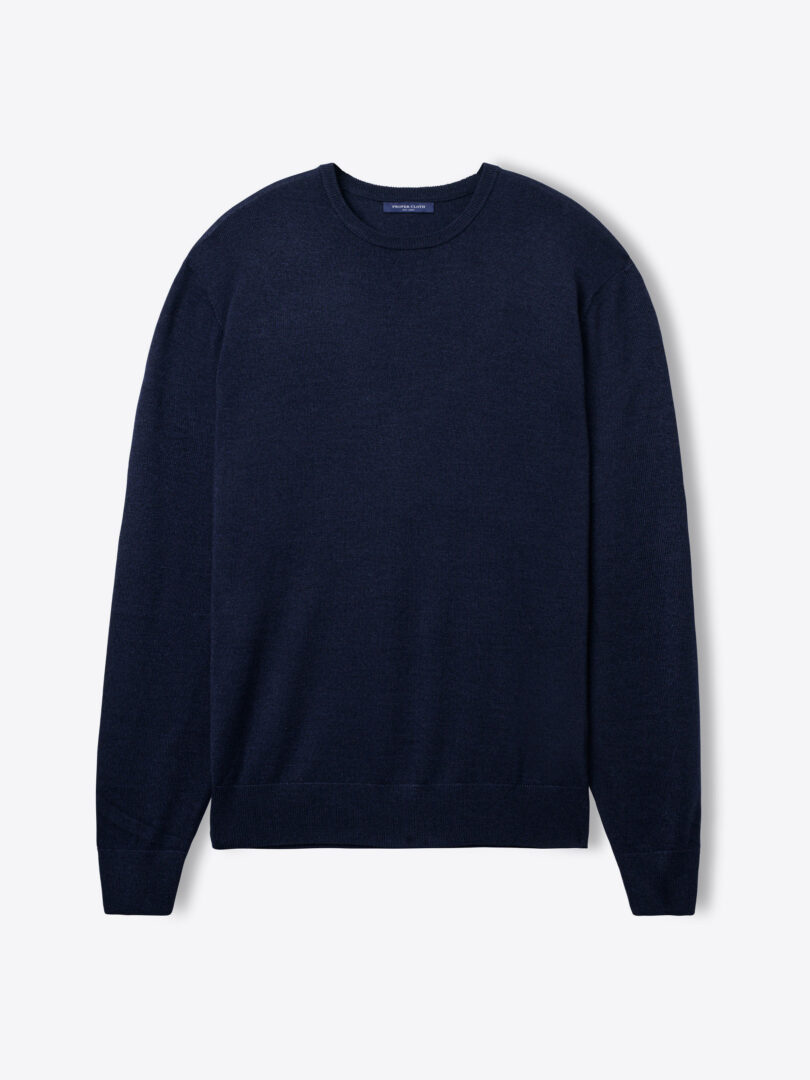 Navy Melange Merino and Silk Crewneck Sweater - Midweight - Proper Cloth