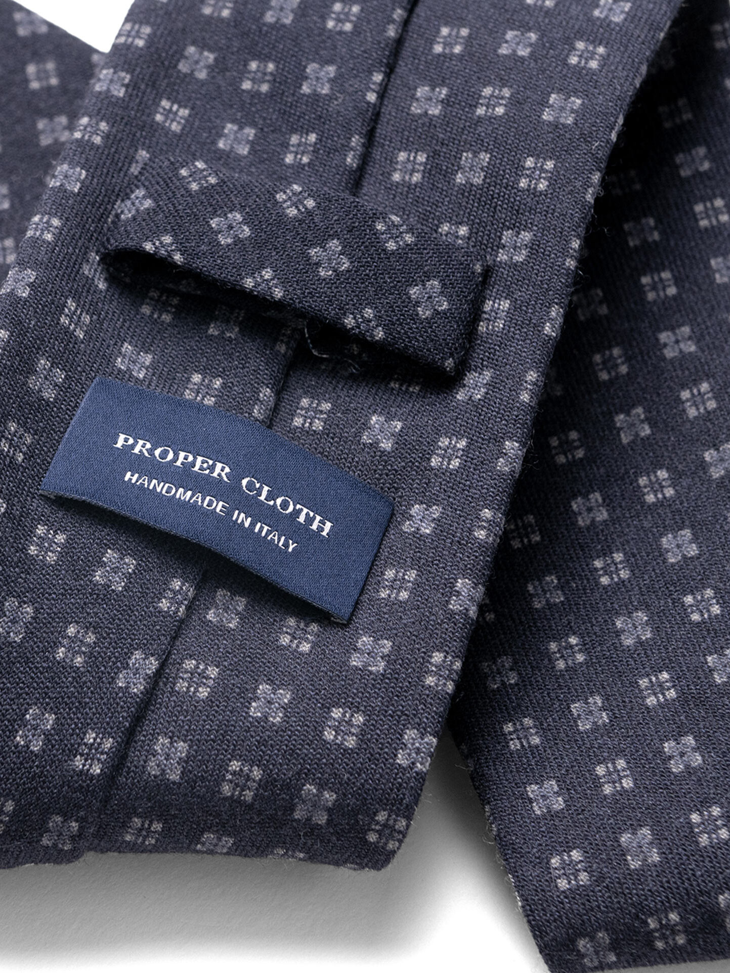 Navy and Grey Printed Wool Tie by Proper Cloth