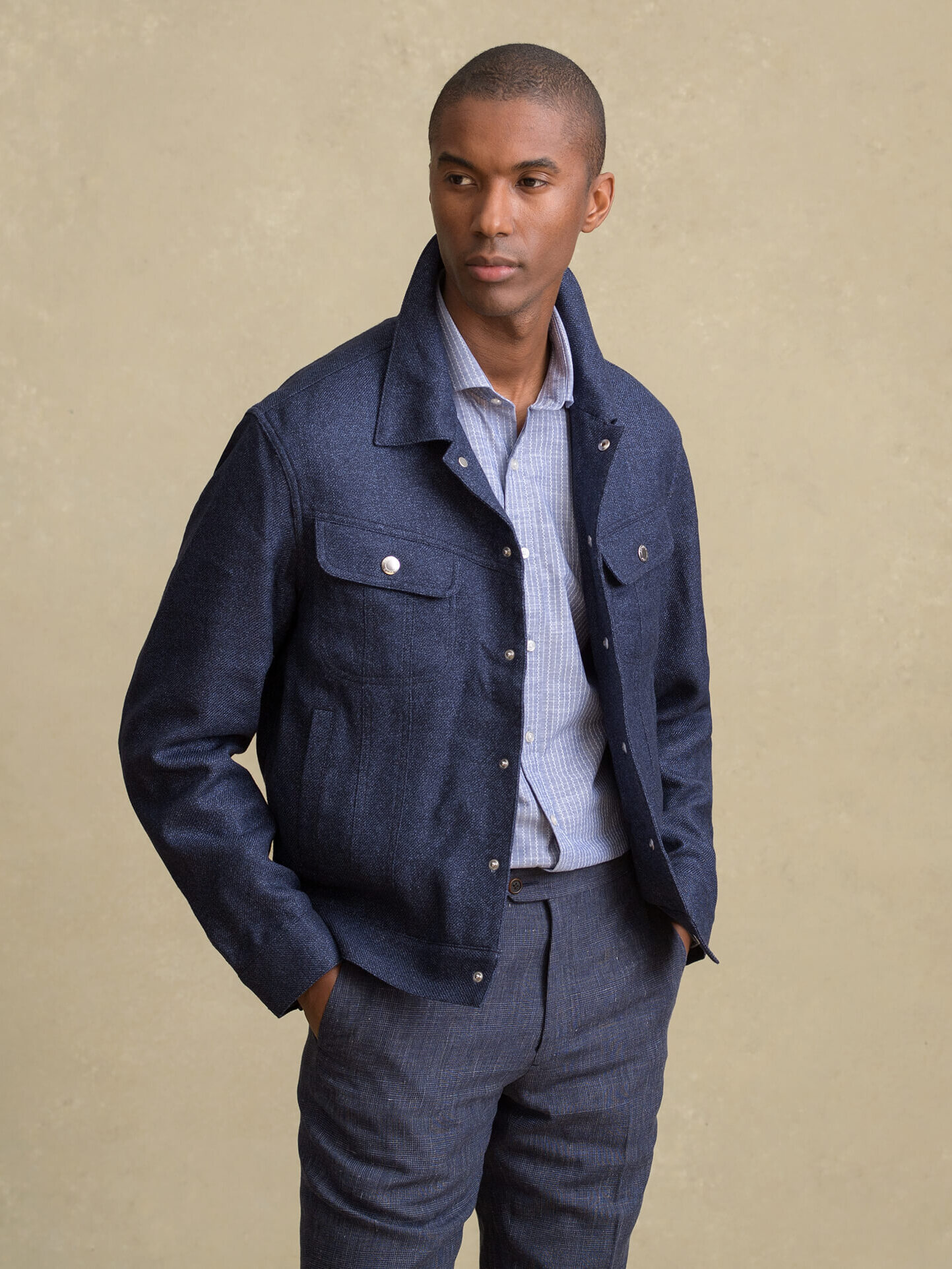 Sedona Navy Wool and Linen Unlined Trucker Jacket by Proper Cloth