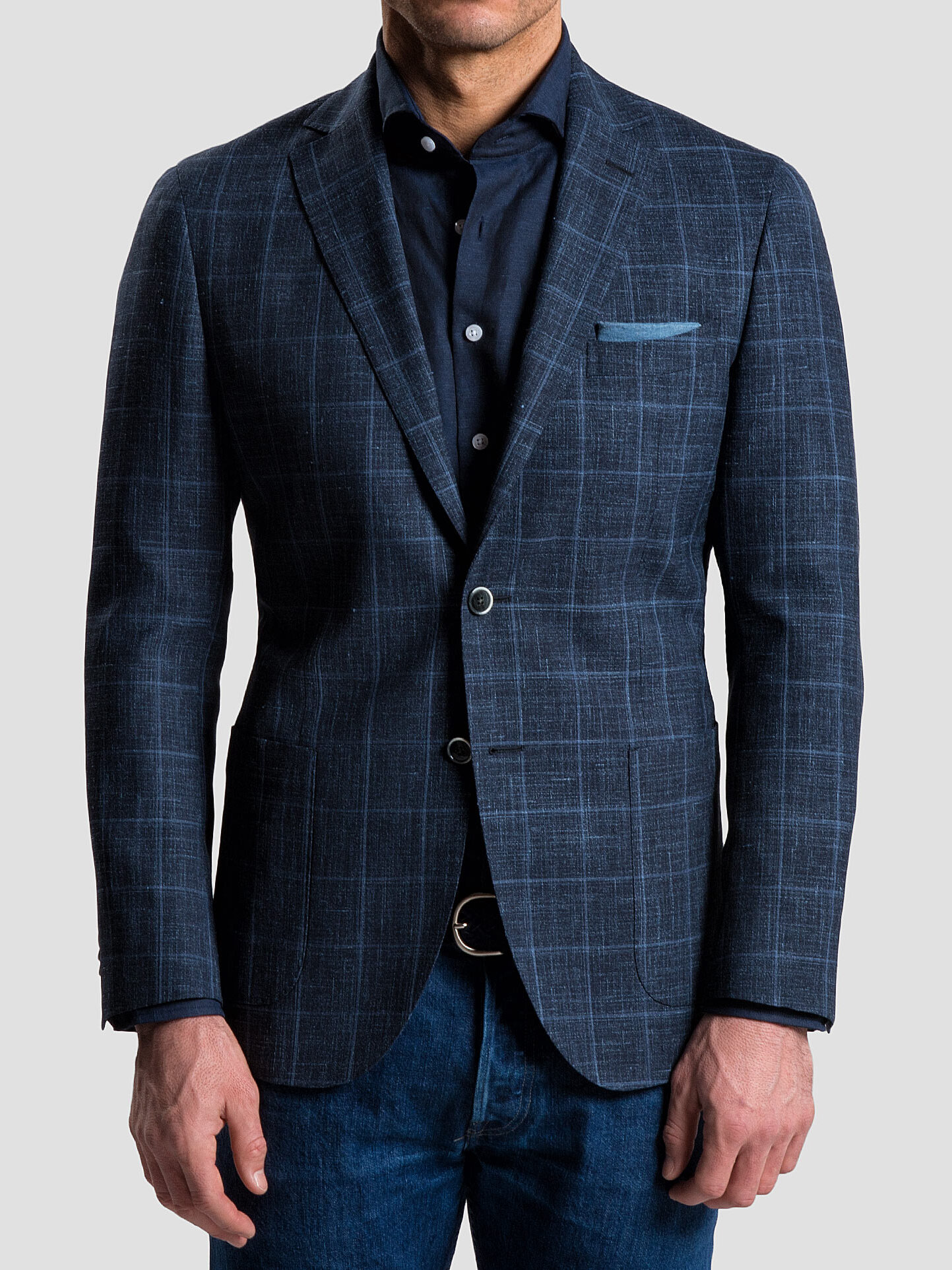 Navy Windowpane Slub Genova Jacket by Proper Cloth