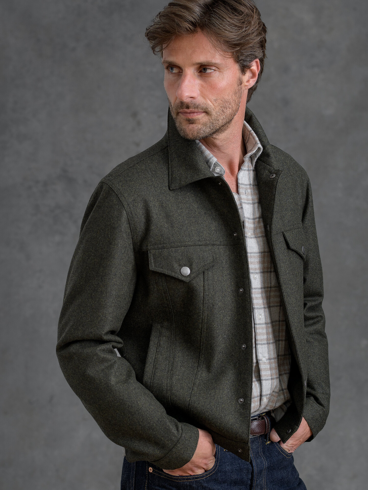 Lafayette Pine Wool Trucker Jacket by Proper Cloth