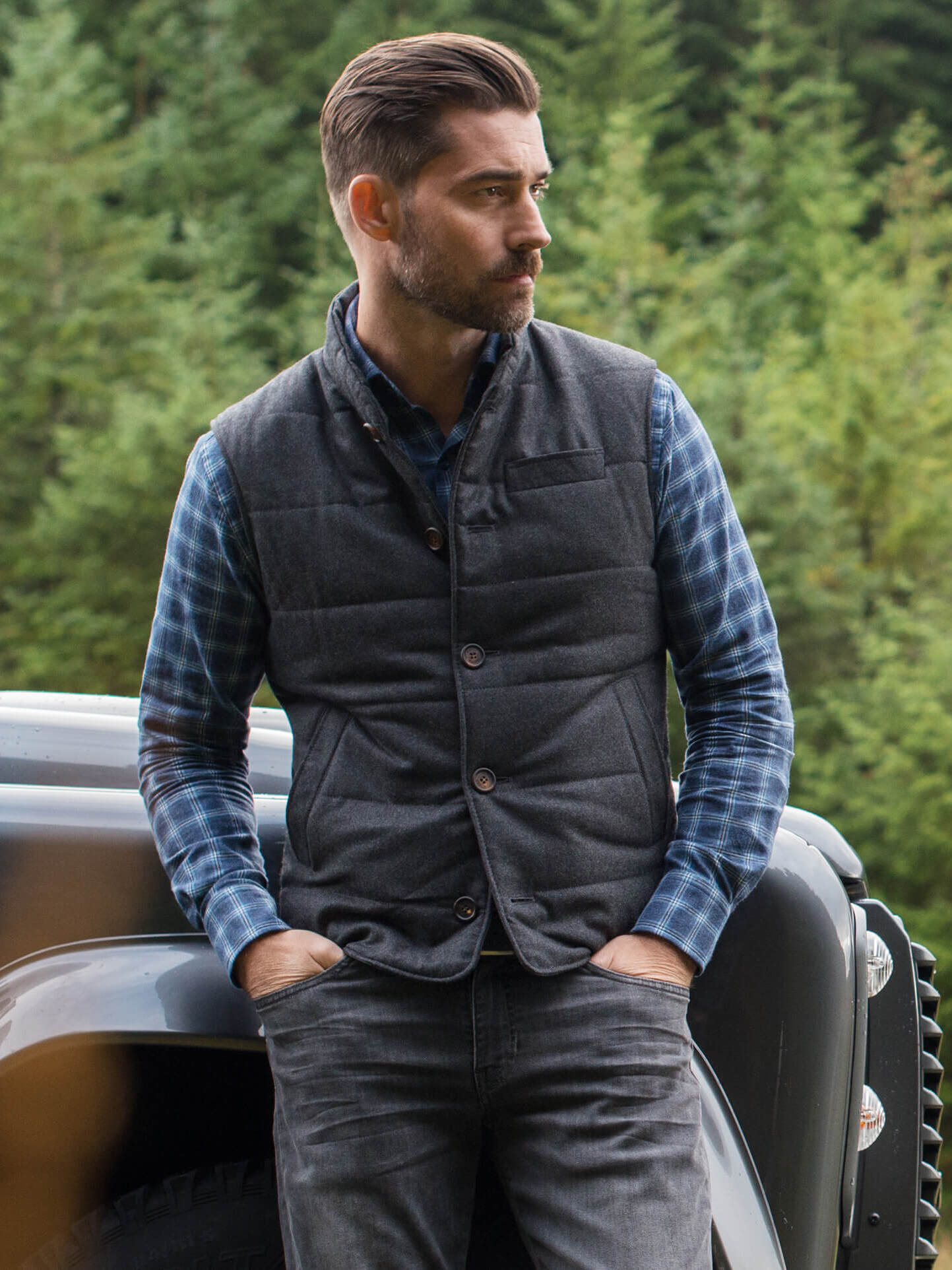 Cortina I Charcoal Flannel Button Vest by Proper Cloth