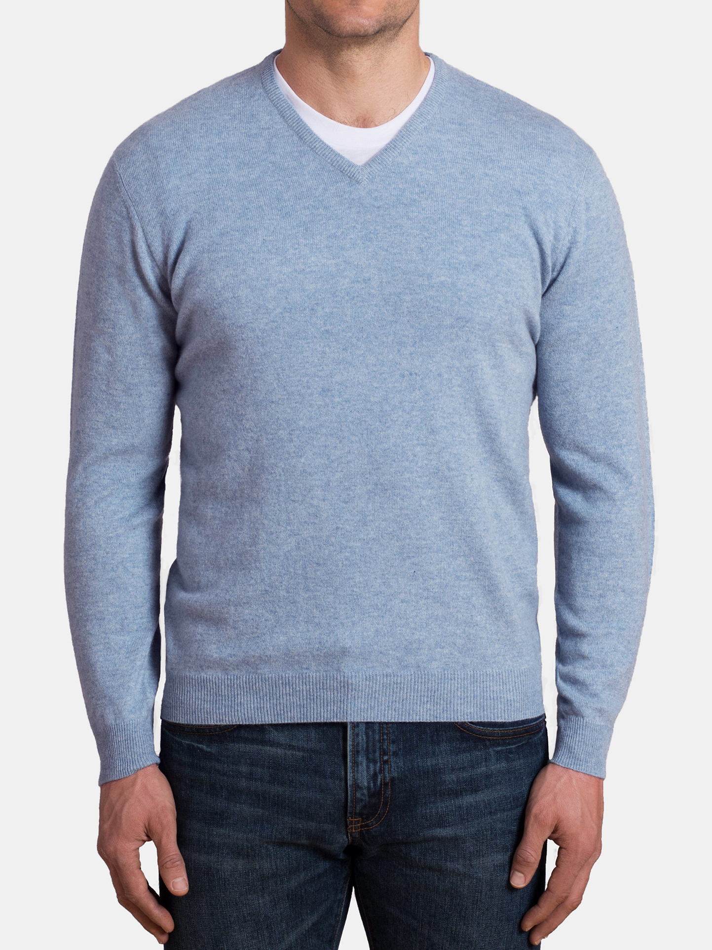 Light Blue Melange Cashmere V-Neck Sweater by Proper Cloth