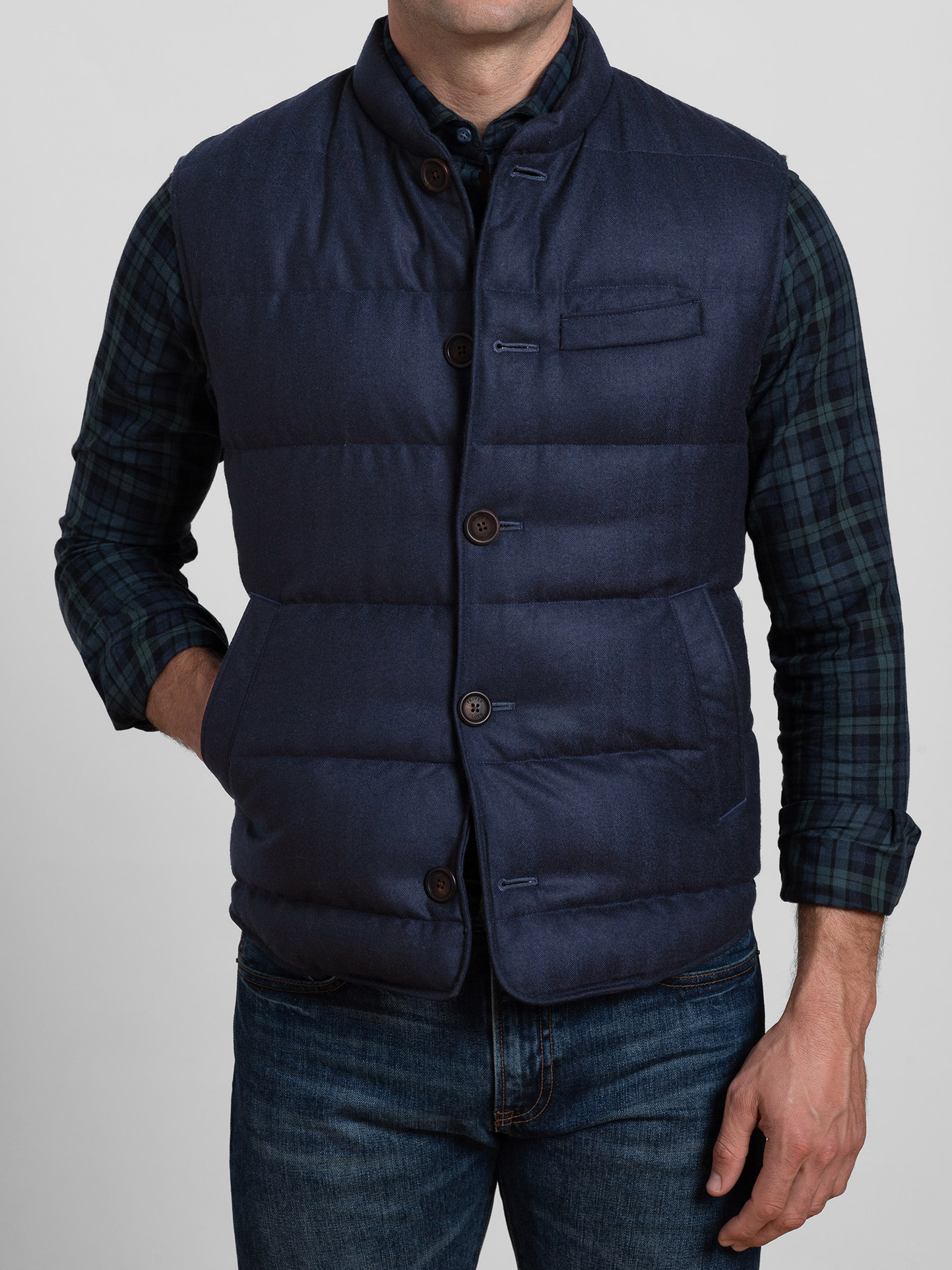 Cortina Navy Herringbone Wool Button Vest by Proper Cloth