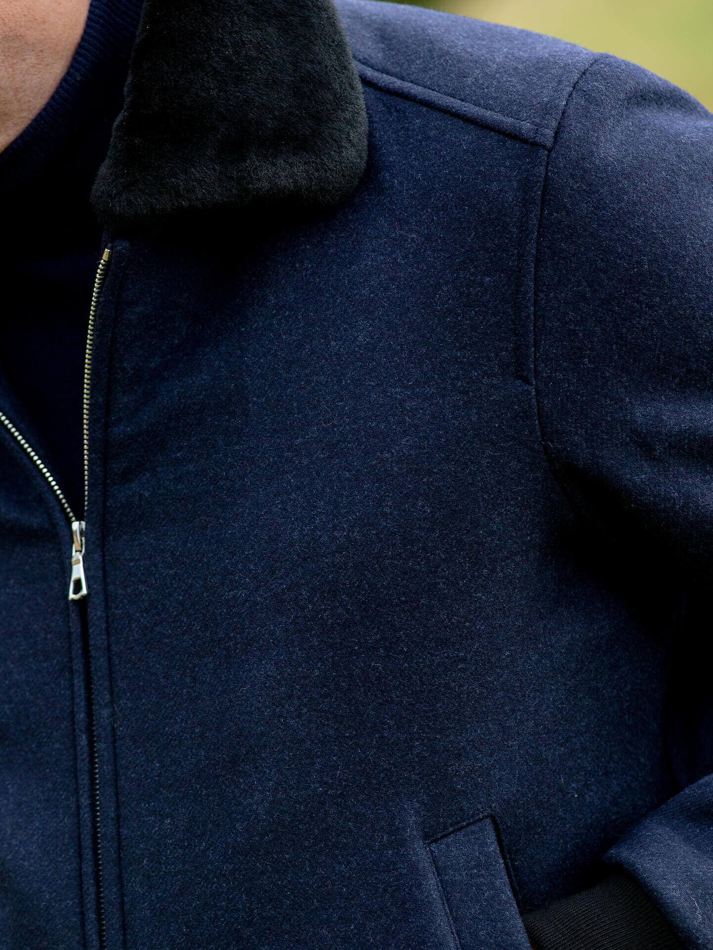 Biella Navy Wool Shearling Collar Flight Jacket by Proper Cloth