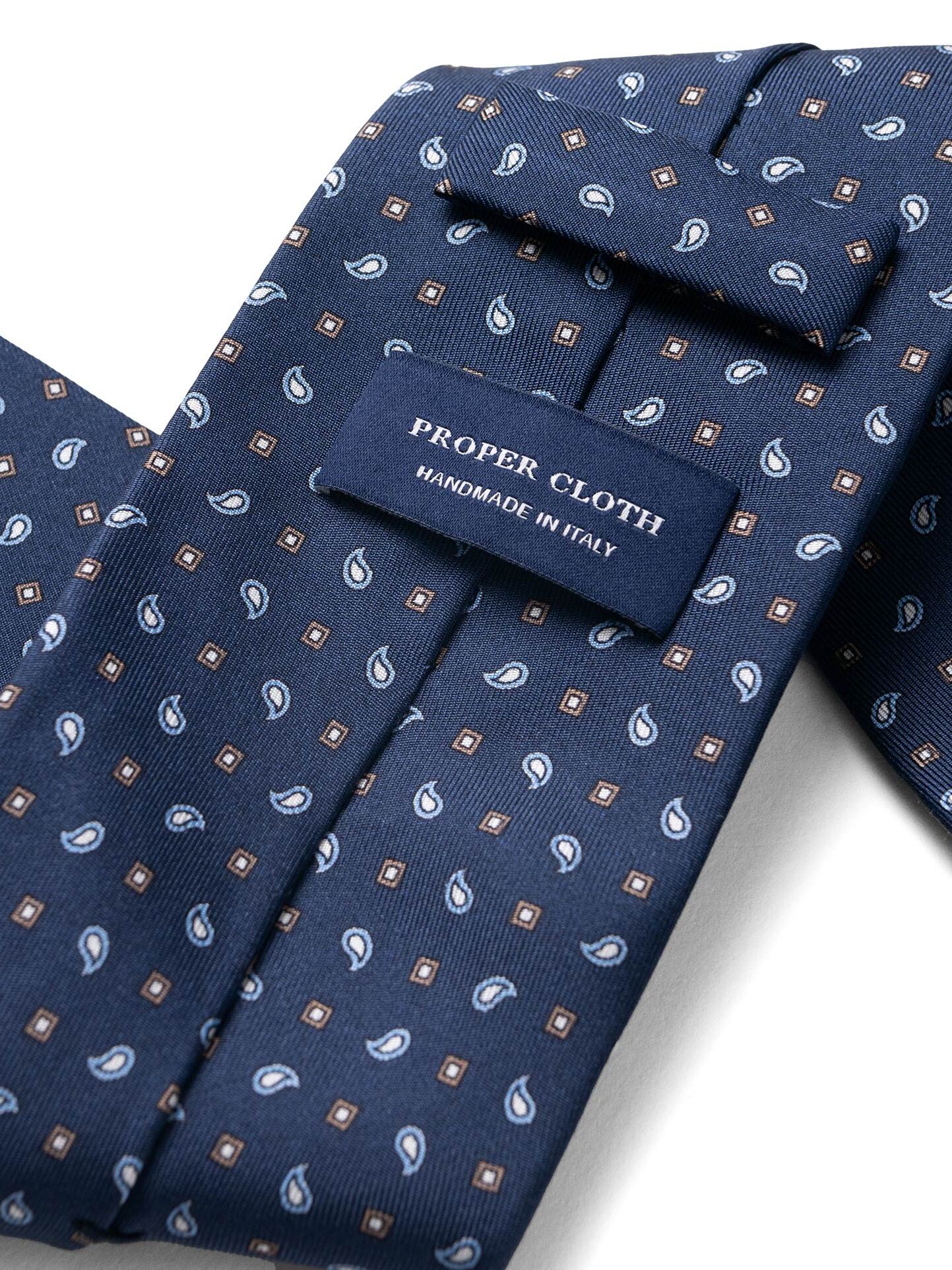 Navy and Light Blue Small Paisley Print Silk Tie by Proper Cloth