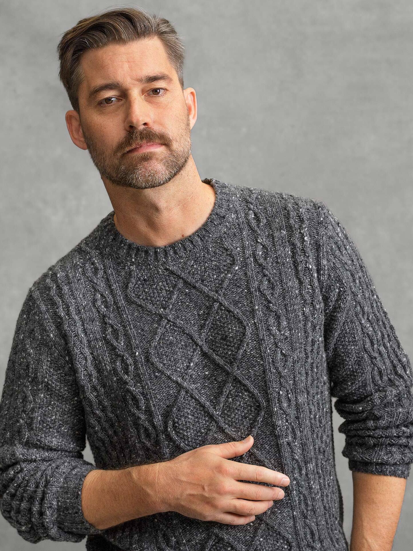Grey Italian Wool and Cashmere Aran Crewneck Sweater by Proper Cloth