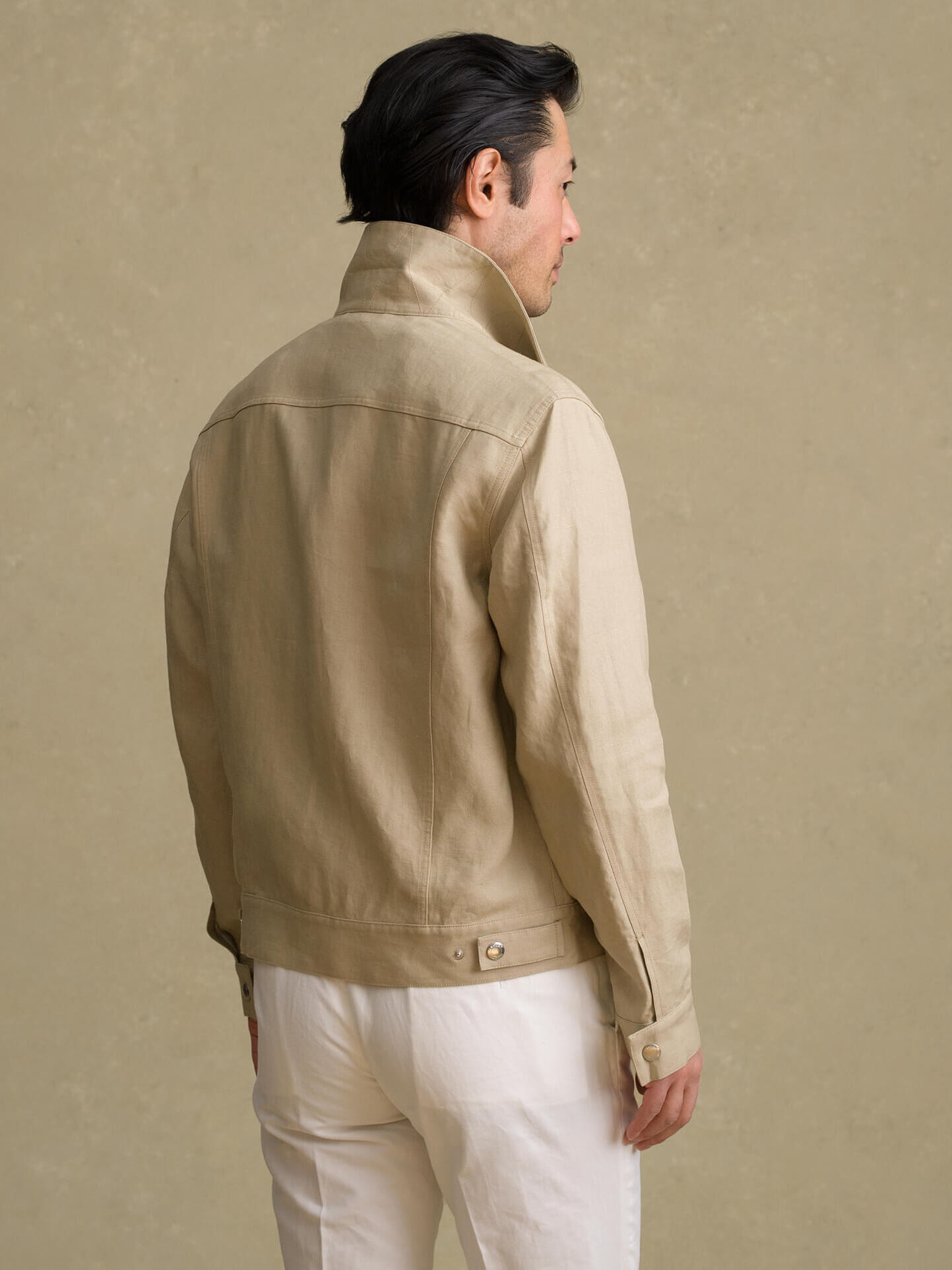 Sedona Beige Linen Unlined Trucker Jacket by Proper Cloth